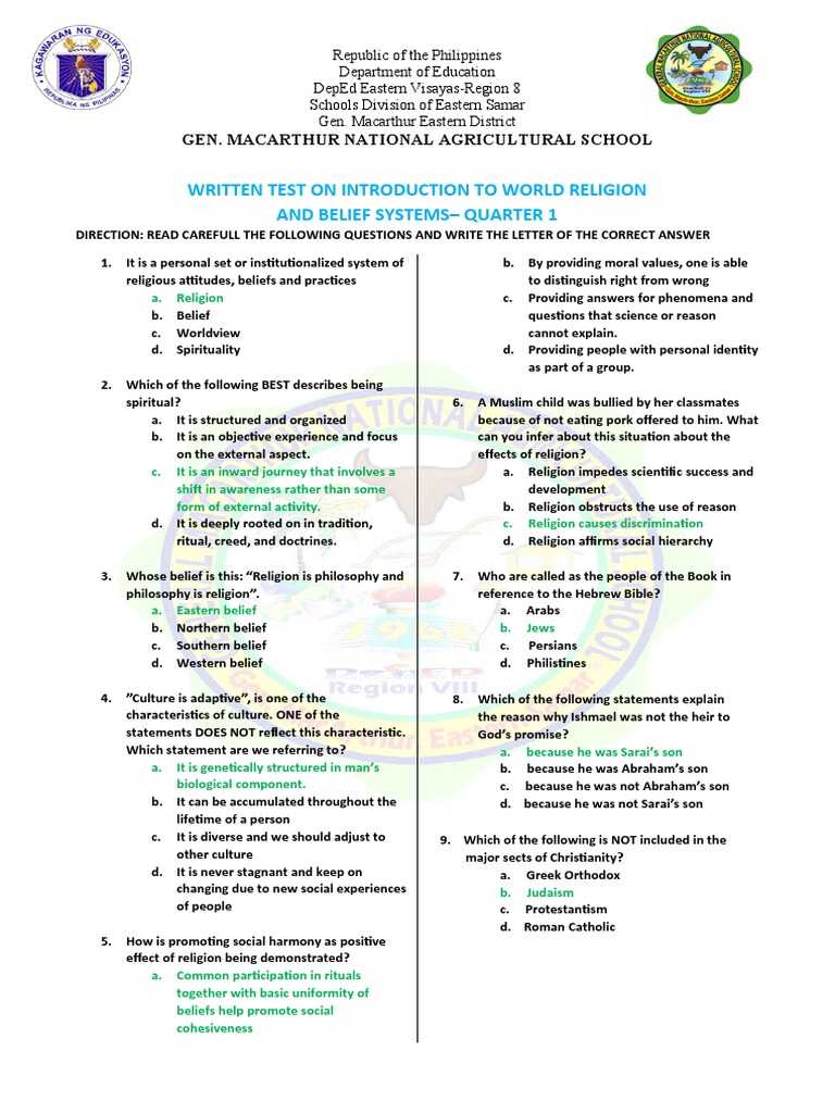 World Religion Test for Quarter 1 | PDF | Soul | God