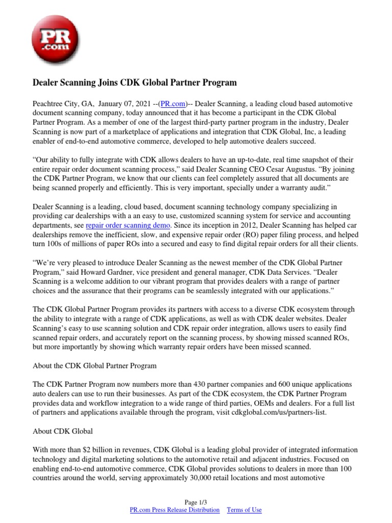 Dealer Scanning Joins CDK Global Partner Program | PDF | Car Dealership ...