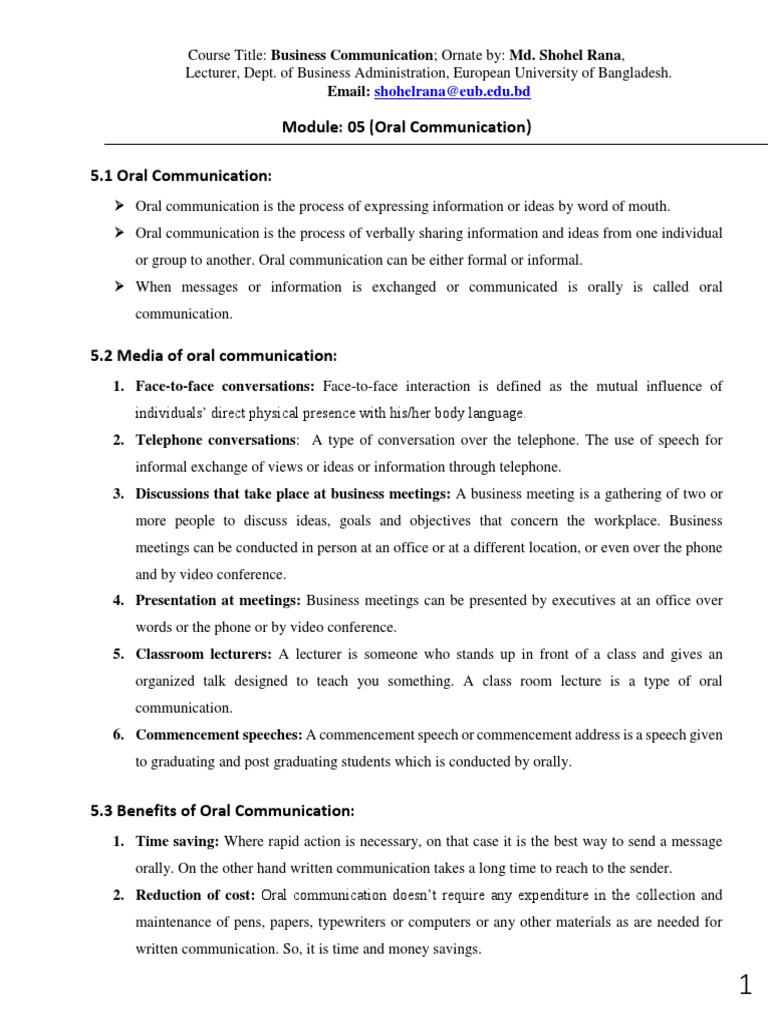 Module: 05 (Oral Communication) 5.1 Oral Communication:: Shohelrana@eub ...