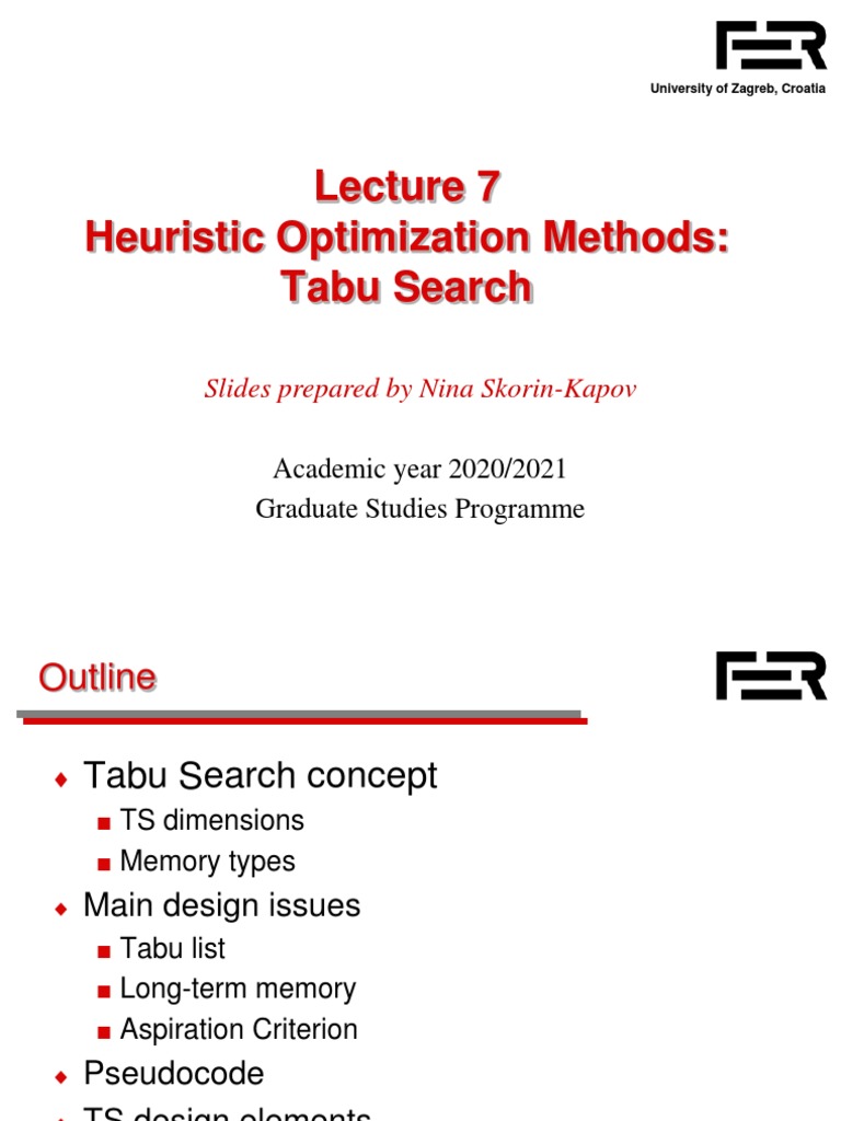 Heuristic Optimization Methods: Tabu Search: Slides Prepared by Nina Skorin-Kapov | PDF ...