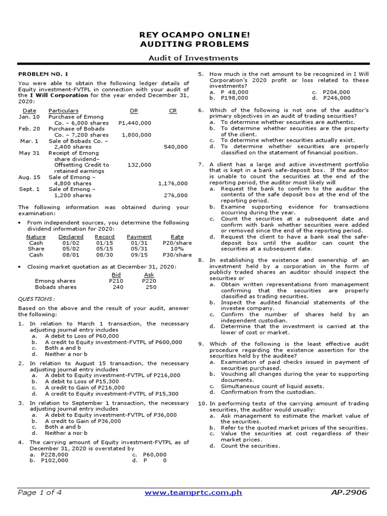 Rey Ocampo Online! Auditing Problems: Audit of Investments | PDF | Dividend | Securities (Finance)