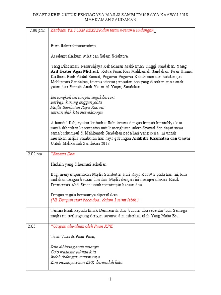 Skrip Untuk Pengacara Majlis Sambutan Raya Kaawai 2018 Mahkamah ...