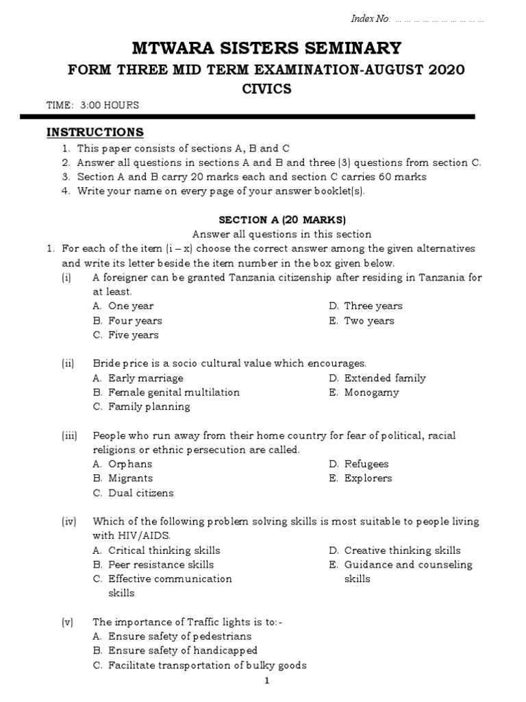 Mtwara Sisters Seminary: Form Three Mid Term Examination-August 2020 ...