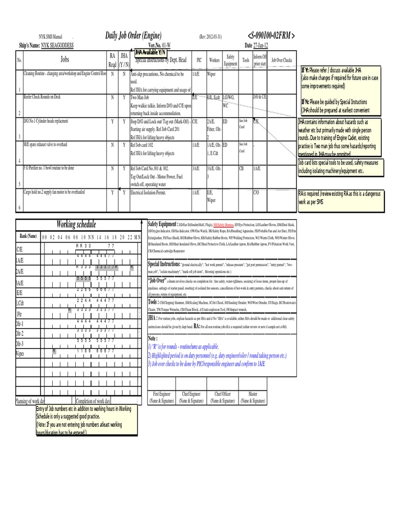 S-090100-02FRM Daily Job Order (ENGINE) - Sample | PDF | Manufactured Goods
