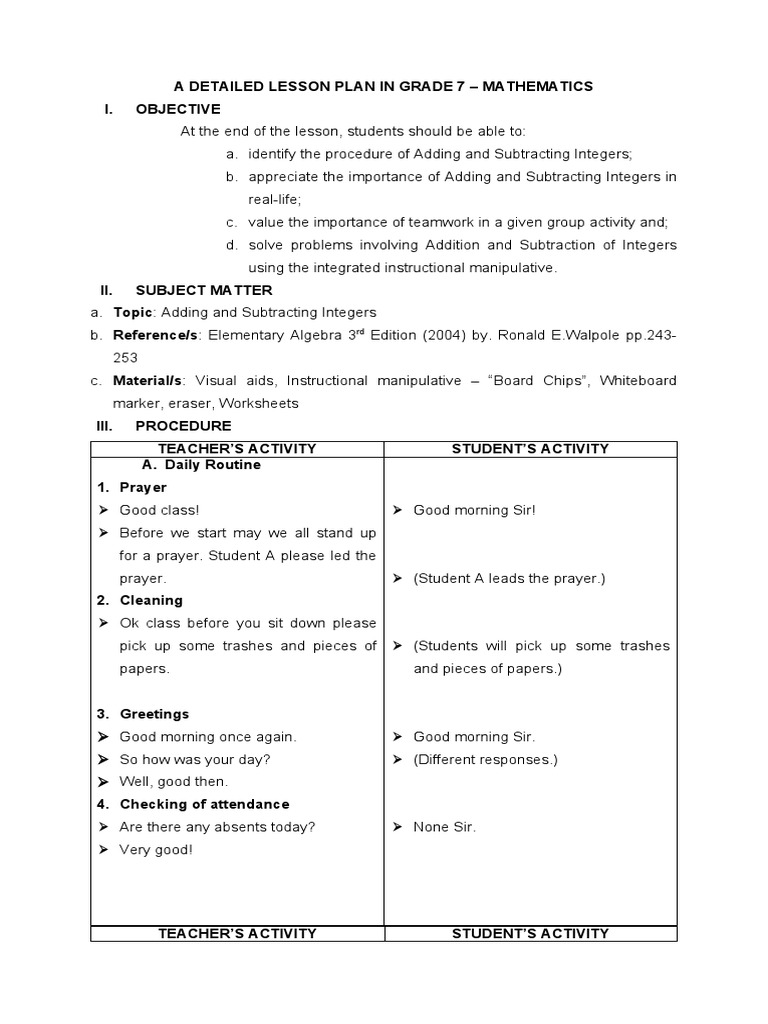 Grade 7 Lesson Plan: Adding Integers | PDF | Subtraction | Numbers