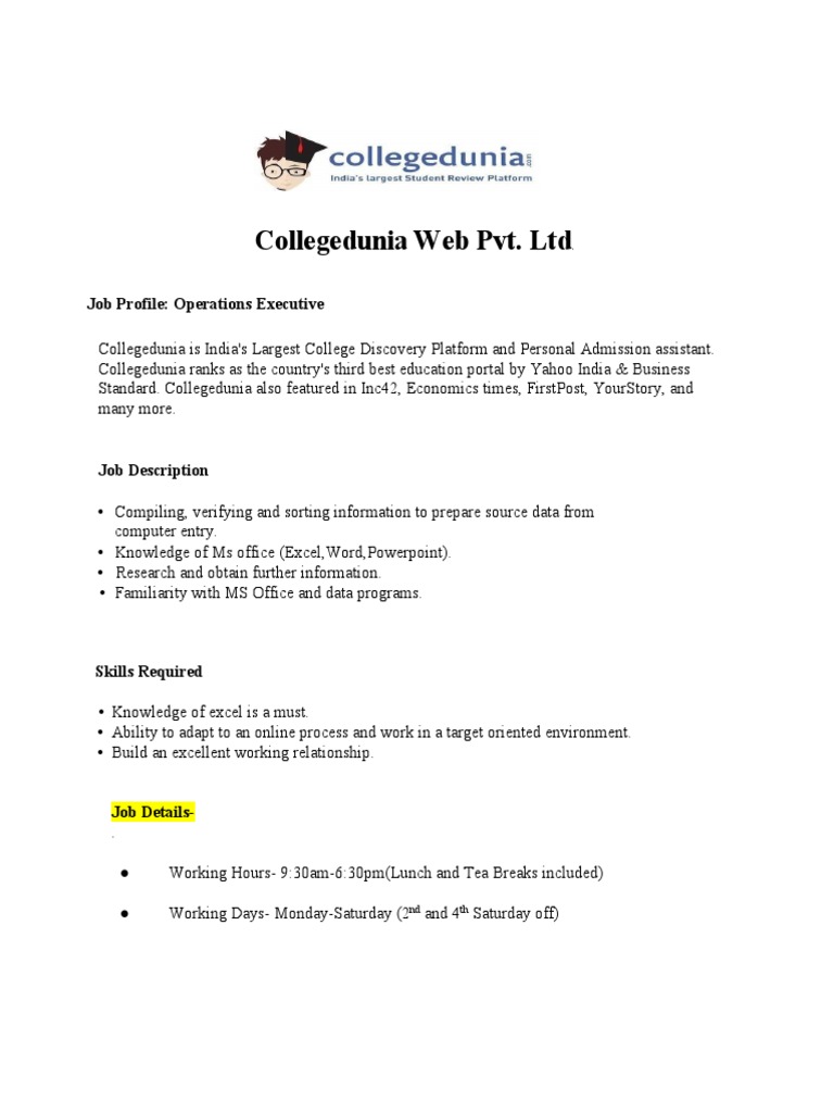 Operations Executive - Job Description | PDF