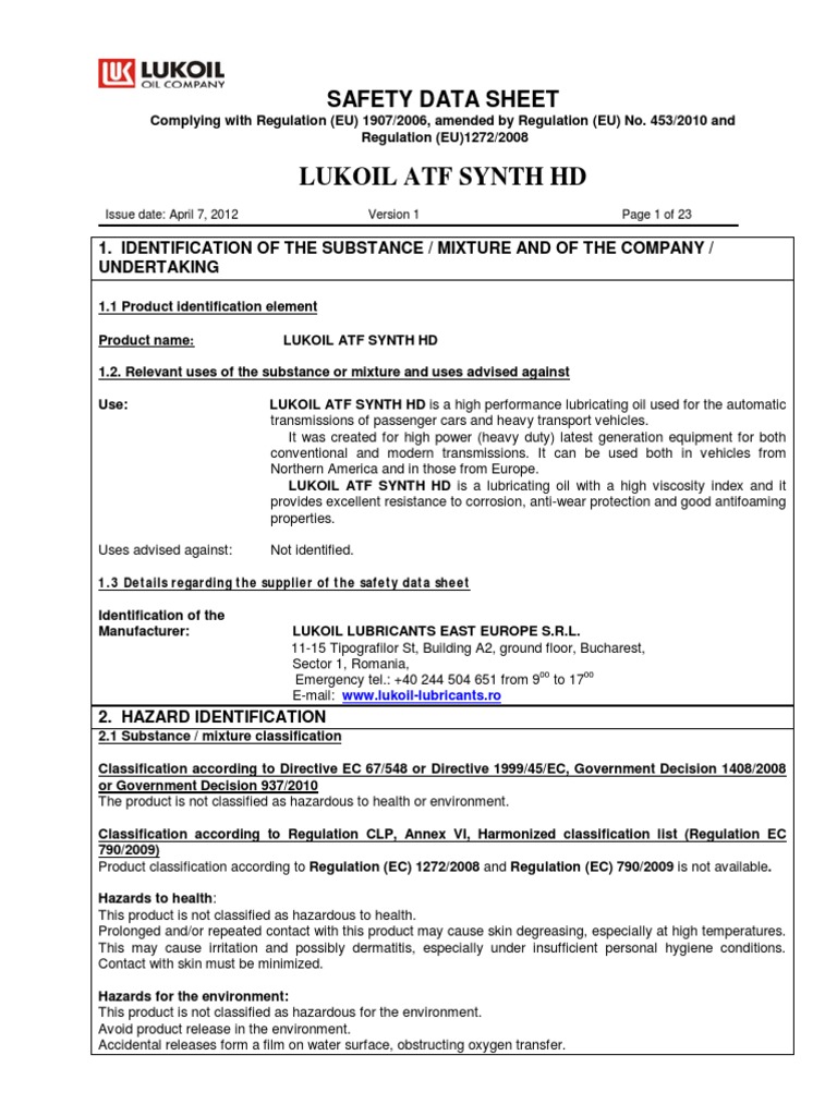 Lukoil Atf Synth HD: Safety Data Sheet | PDF | Toxicity | Firefighting