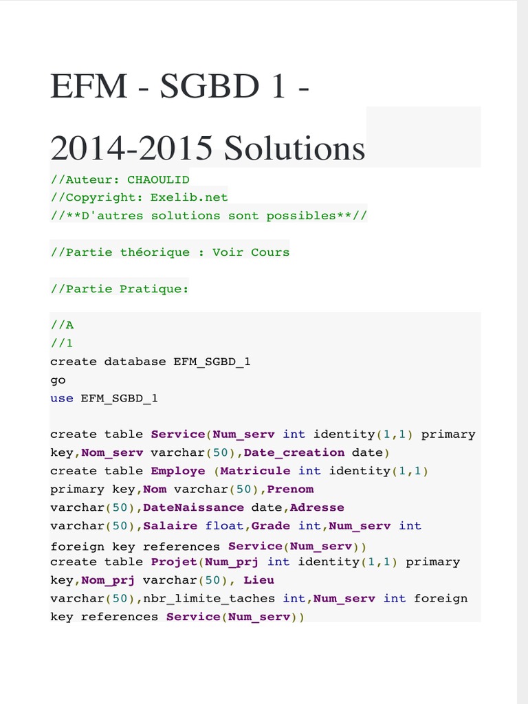 Efm SGBD 1 2014 2015 Solutions PDF | PDF | Sql | Data Management