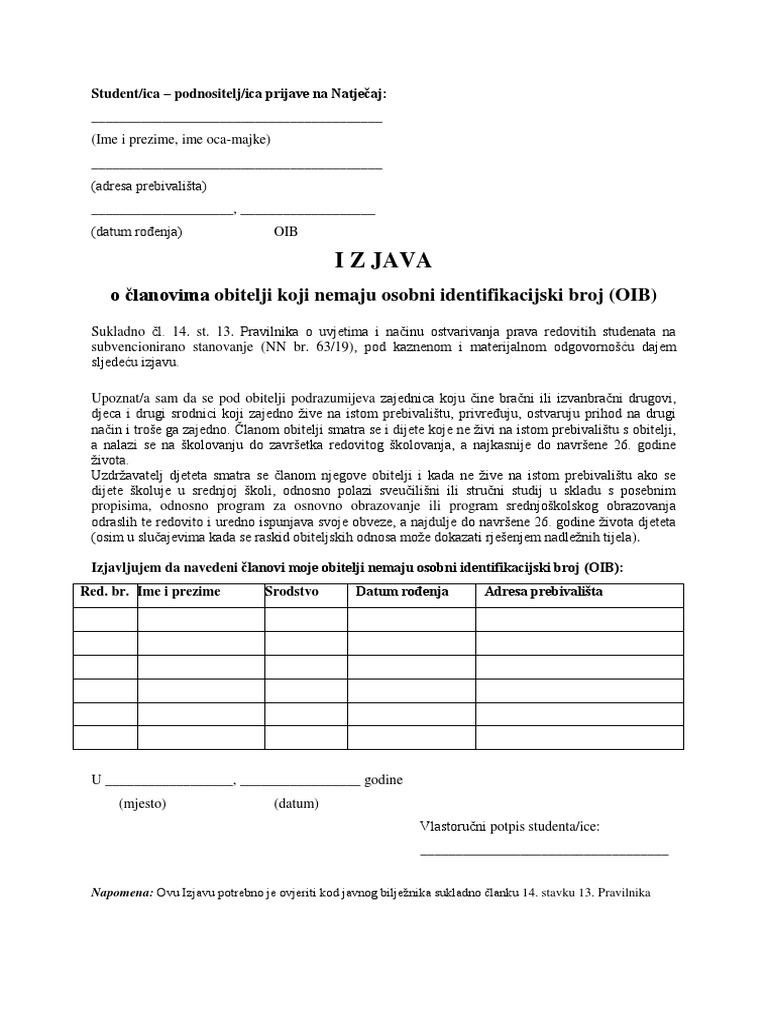 Izjava o Članovima Obitelji BEZ OIB | PDF