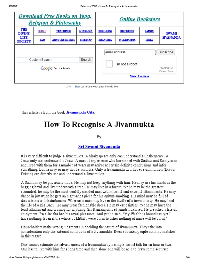 How To Recognise A Jivanmukta: Download Free Books On Yoga, Religion ...