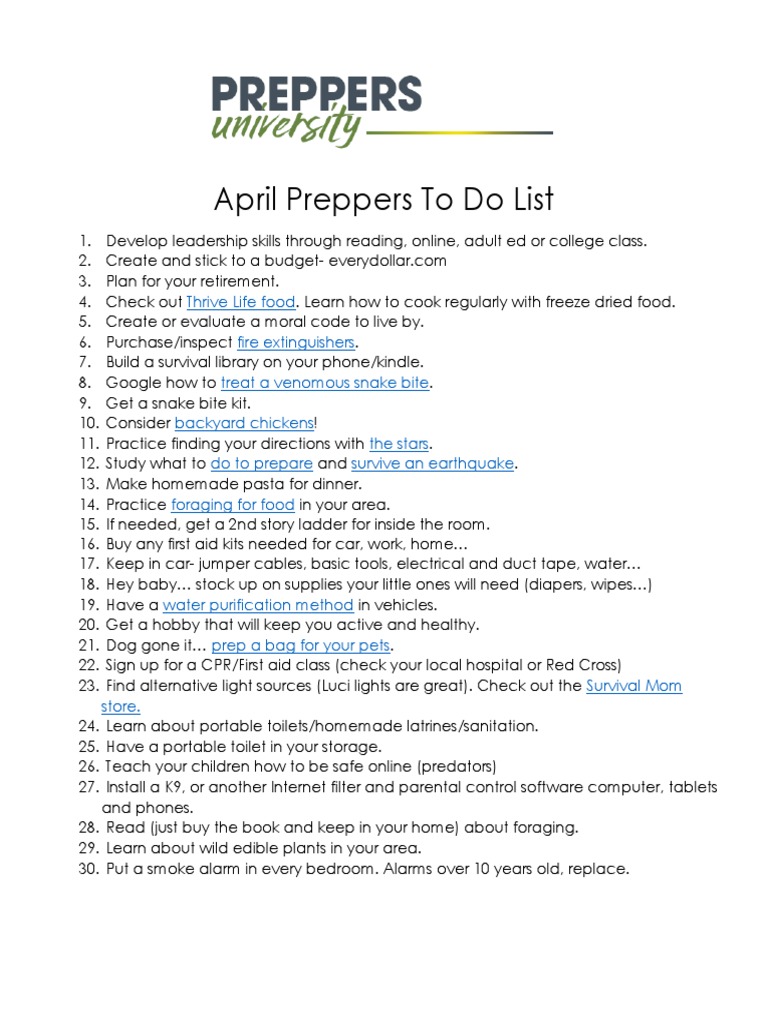 April Preppers To Do List | PDF | Science & Mathematics