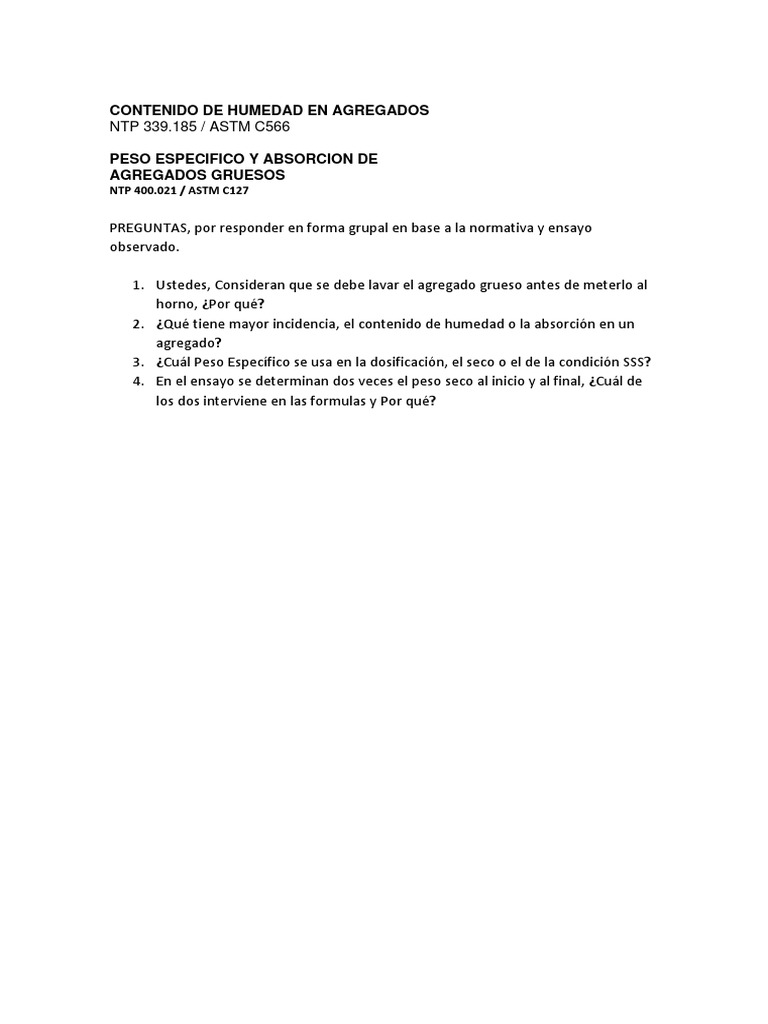 NTP 339.185 / ASTM C566: Contenido de Humedad en Agregados | PDF