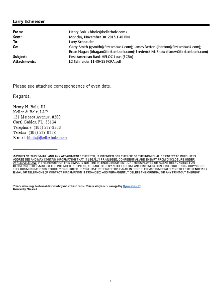 Email From Henry Bolz, III To Schneider and Copying Garry Smith, James ...