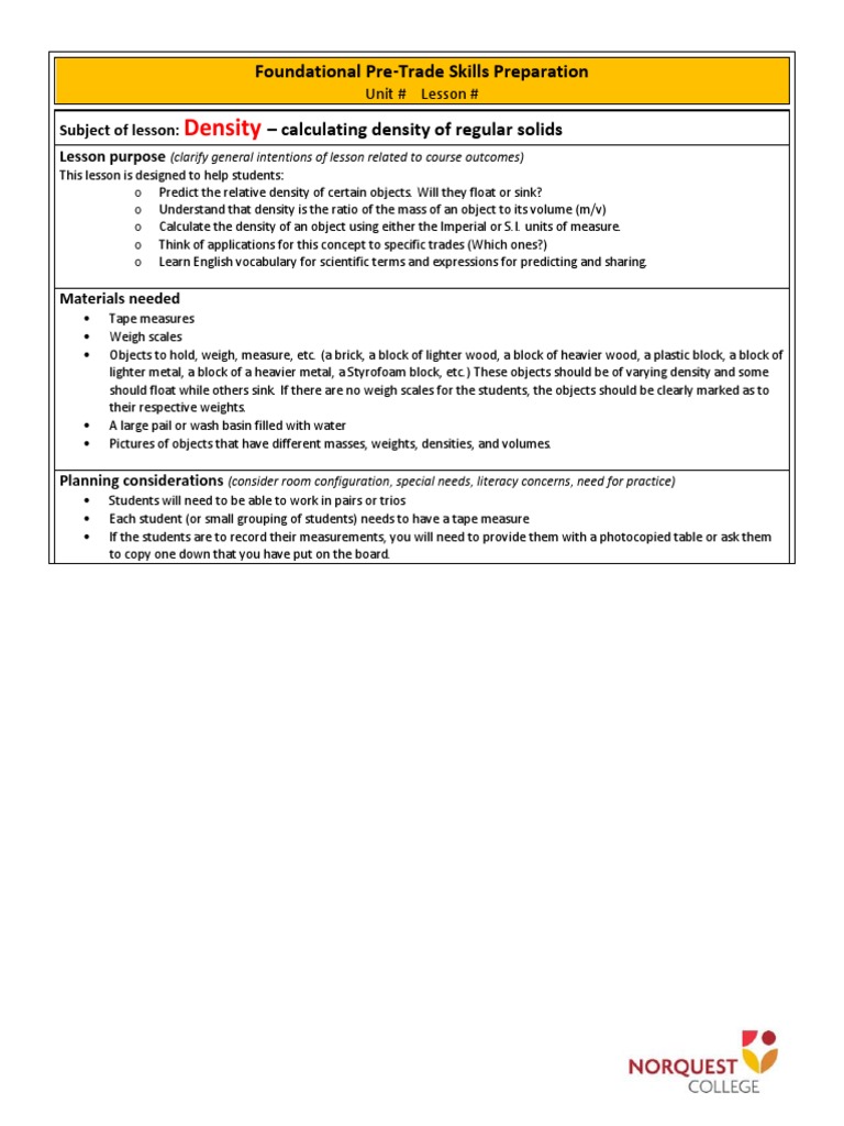 Density Calculations for Trade Skills | PDF | Density | Volume