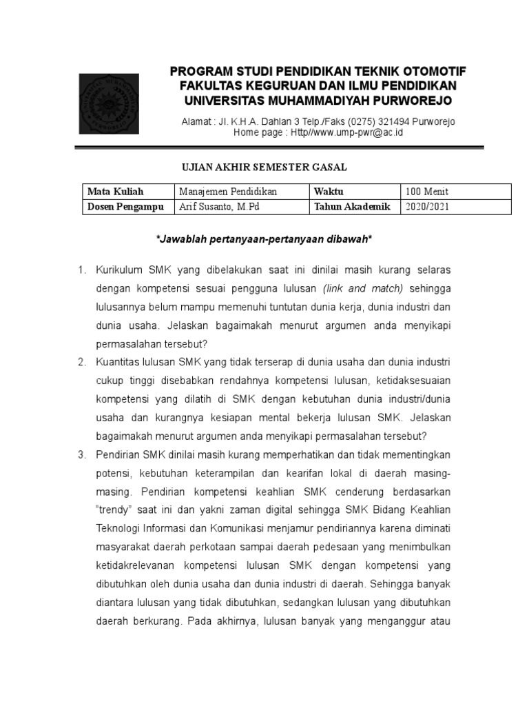 UAS Manajemen Pendidikan SMK 2021 | PDF | Karier & Perkembangan