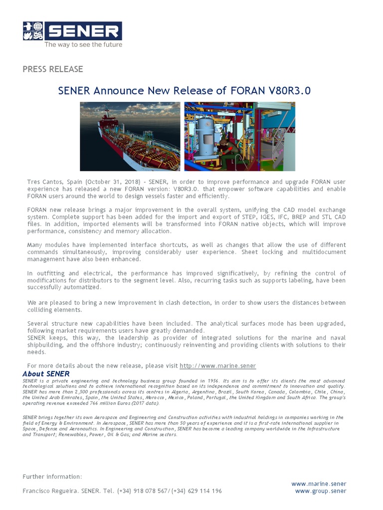 SENER Announce New Release FORAN V80R3.0 | PDF | Science | Science And ...