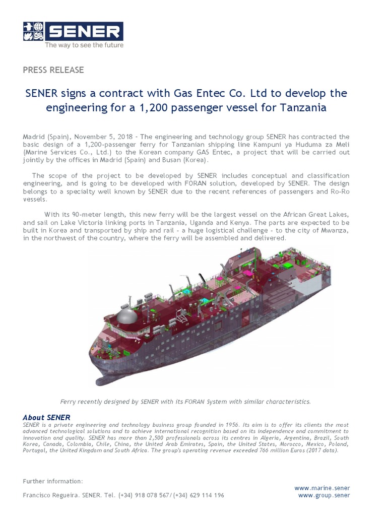 PR SENER Signs A Contract With Gas Entec Co. LTD For A Passenger Vessel For Tanzania | PDF ...