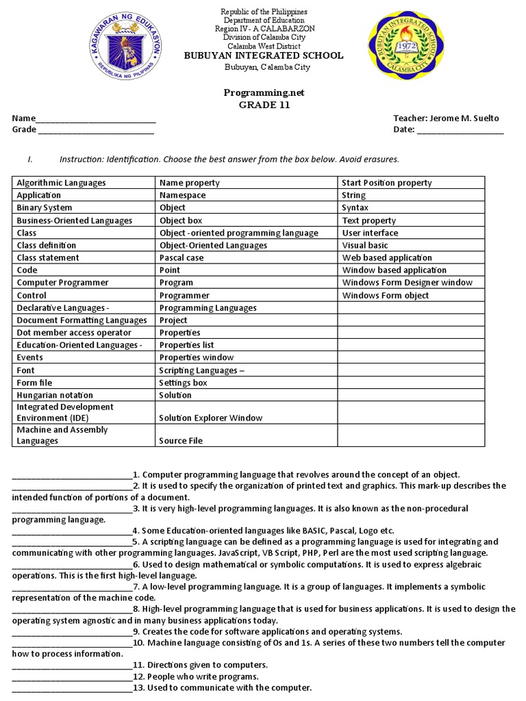 Grade 11: I. Instruction: Identification. Choose The Best Answer From ...