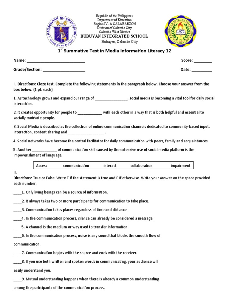 1 Summative Test in Media Information Literacy 12: Bubuyan, Calamba ...