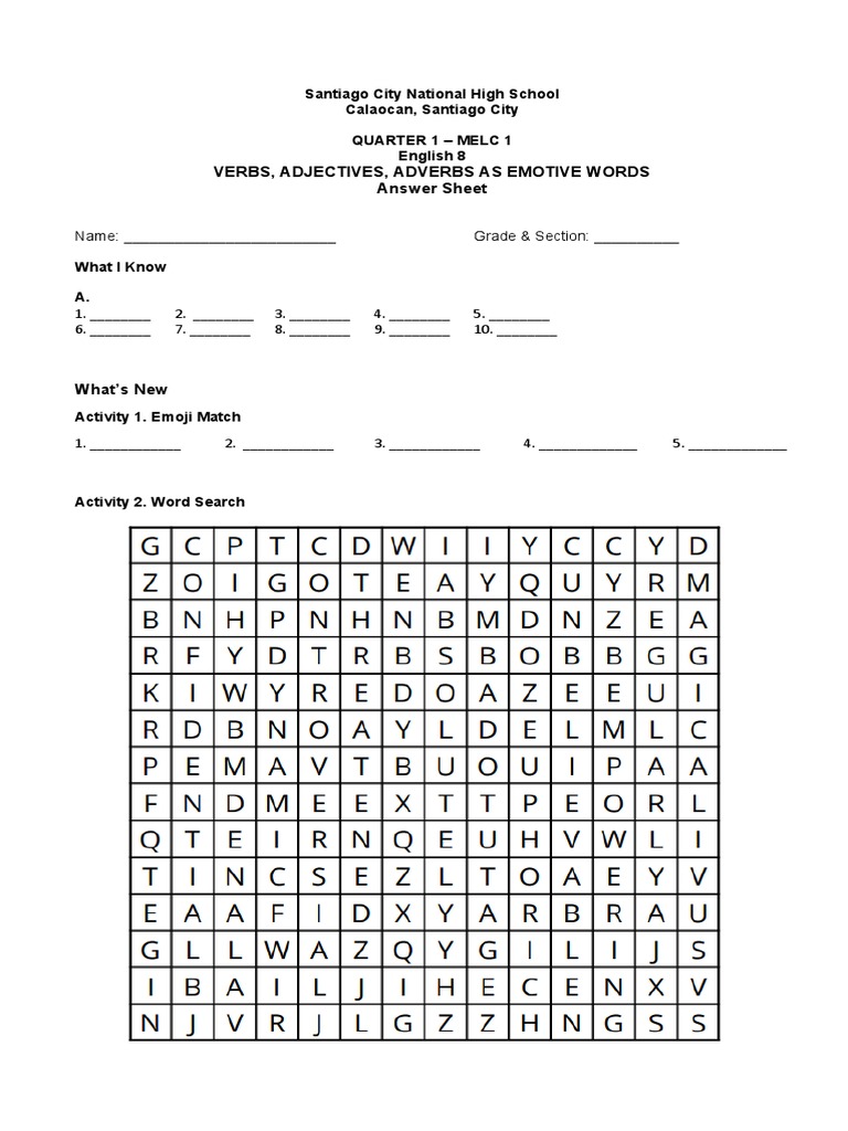 Verbs, Adjectives, Adverbs As Emotive Words Answer Sheet | PDF ...