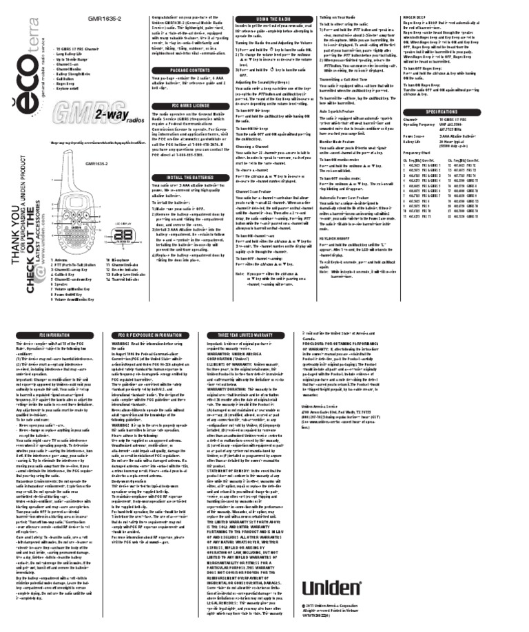 Walkie Talkie Uniden - GMR - 1635 - 2 - Owners - Manual | PDF | Radio ...