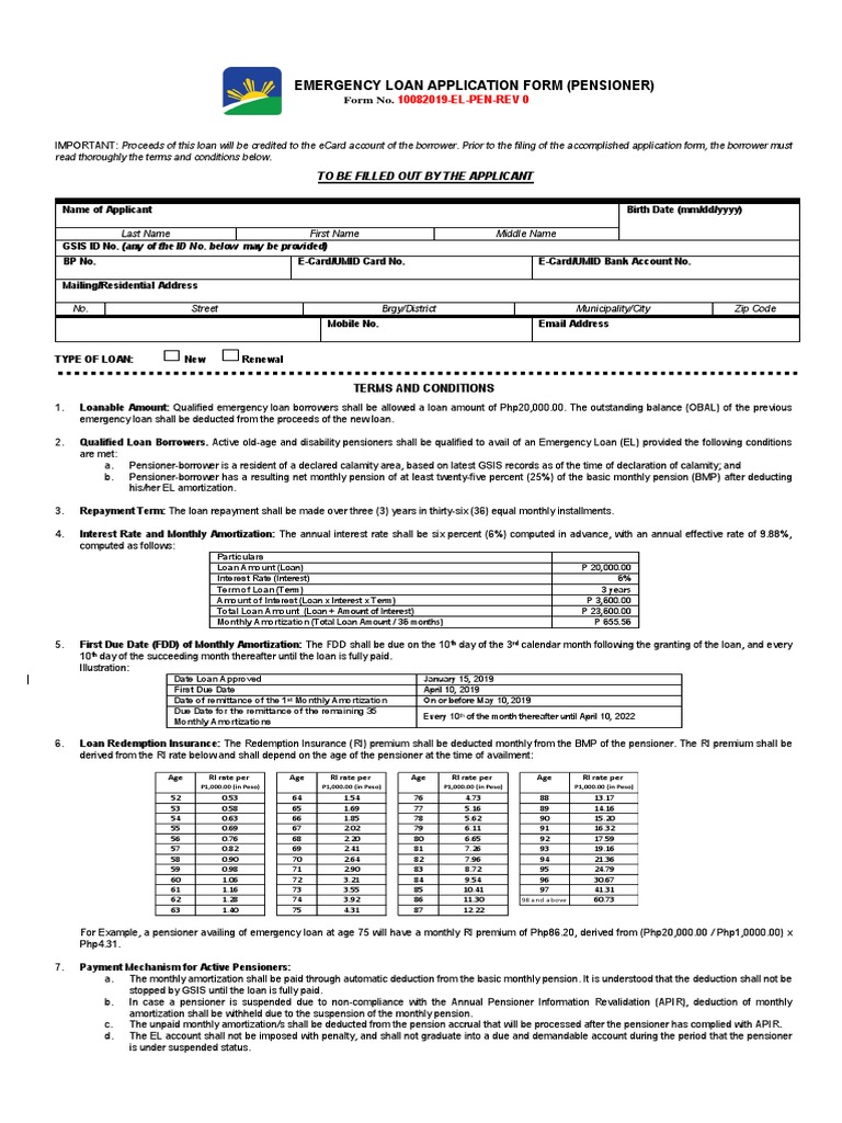 Emergency Loan Application Form (Pensioner) : To Be Filled Out by The Applicant | PDF | Loans ...