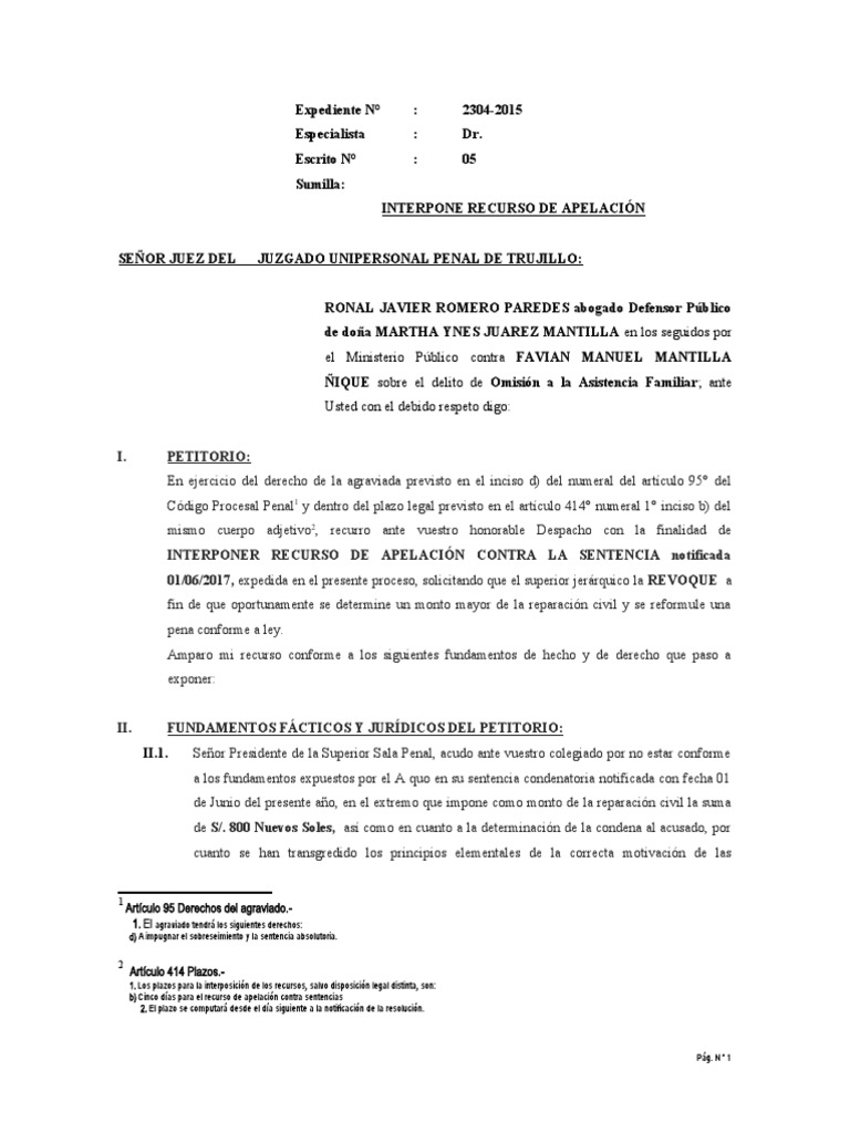Recurso de Apelacion de Sentencia | PDF | Derecho penal | Sentencia (ley)
