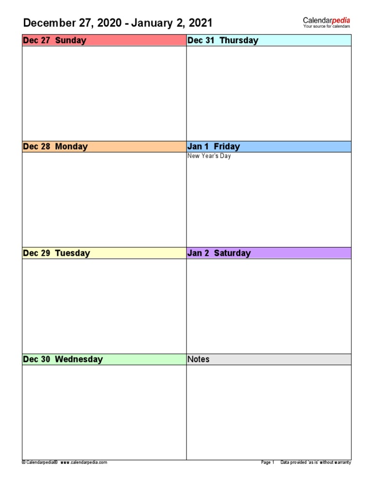 December 27, 2020 - January 2, 2021: Dec 27 Sunday Dec 31 Thursday ...