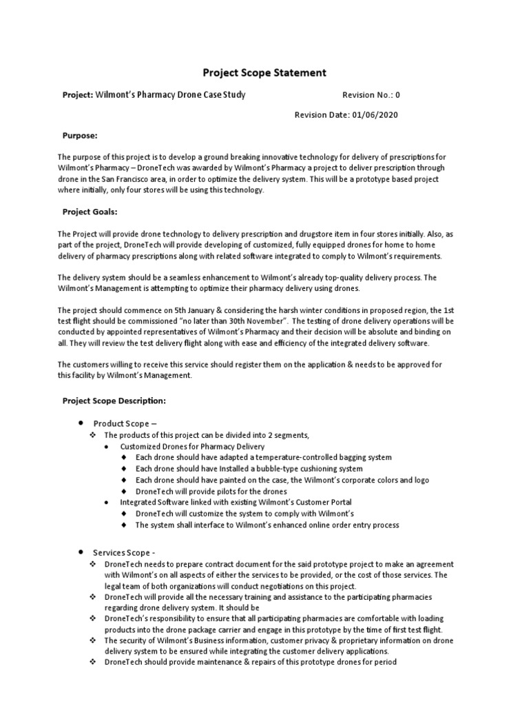 Project Scope Statement Wilmont's Drone Case | PDF | Pharmacy ...