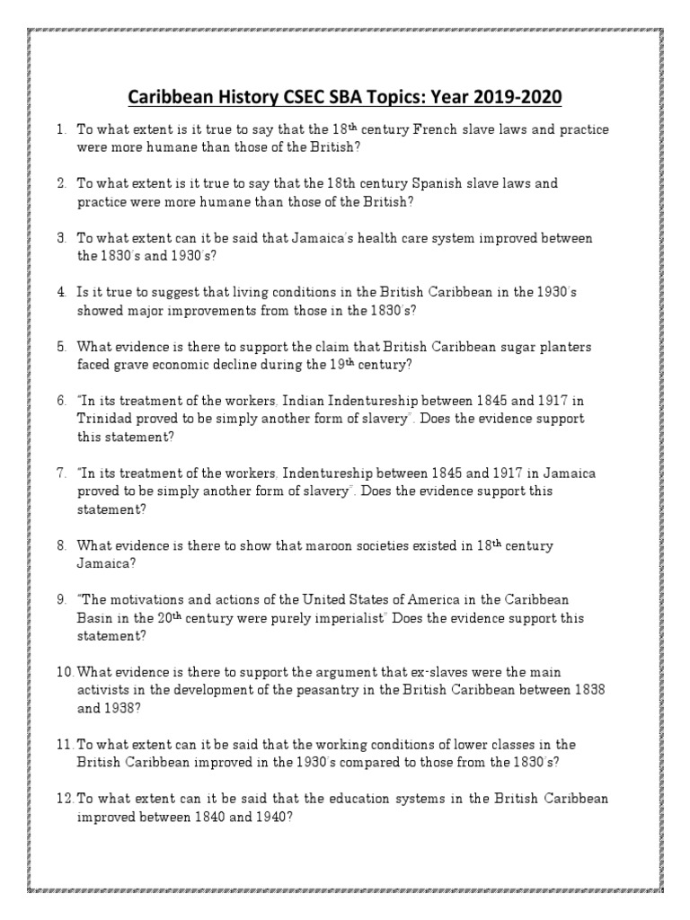Caribbean History CSEC SBA Topics | PDF