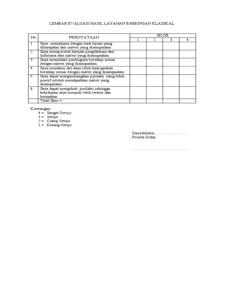 Lembar Evaluasi Hasil Layanan Bimbingan Klasikal | PDF Lembar Evaluasi Hasil Layanan Bimbingan Klasikal | PDF