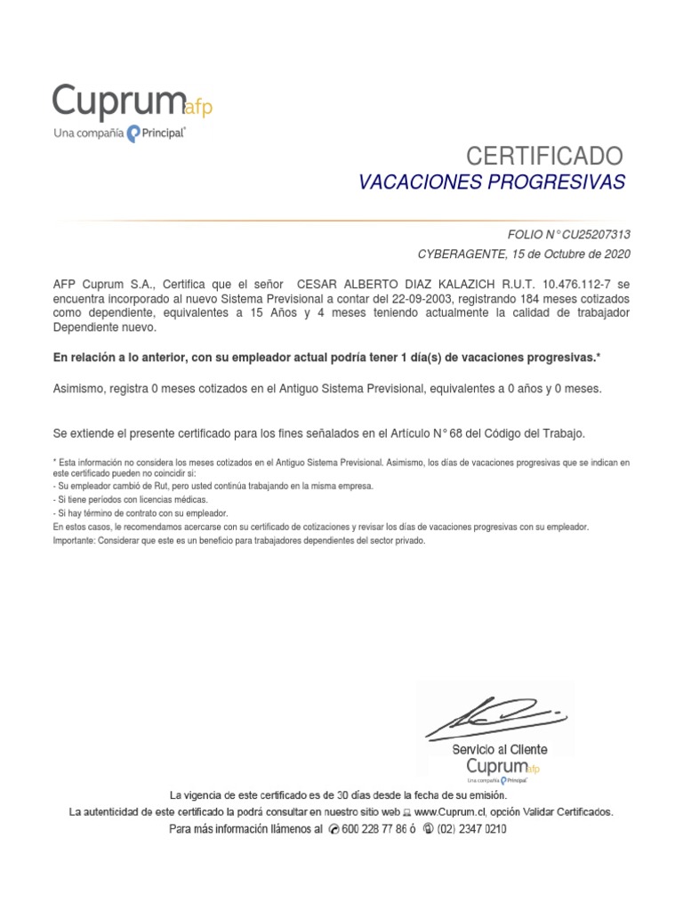 Certificado Vacaciones Progresivas PDF | PDF | Business
