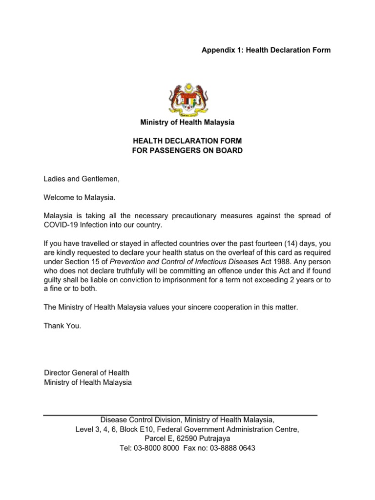 Appendix 1: Health Declaration Form | PDF | Epidemiology | Diseases And ...