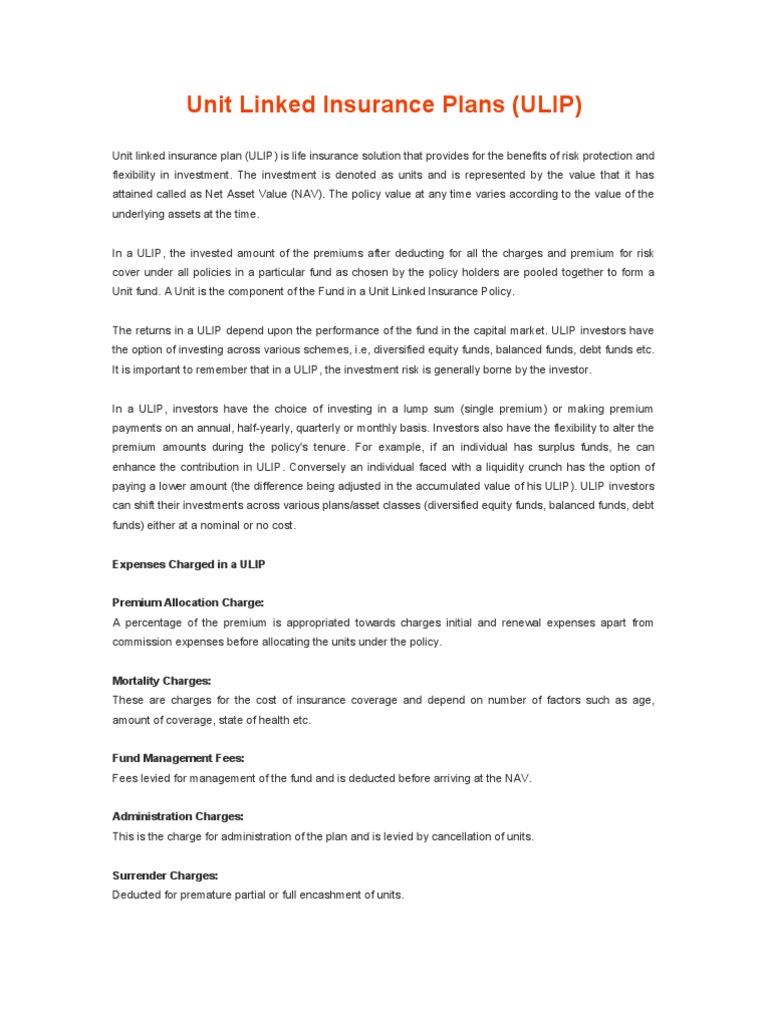 Unit Linked Insurance Plans (ULIP) : Expenses Charged in A ULIP | PDF ...