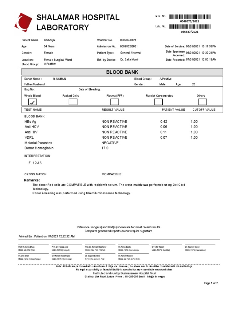 Shalamar Hospital Lab Test Report | PDF | Blood Type | Blood Plasma