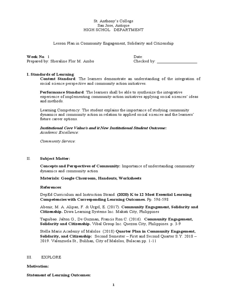 Community Engagement Lesson Plan | PDF | Lesson Plan | Social Science