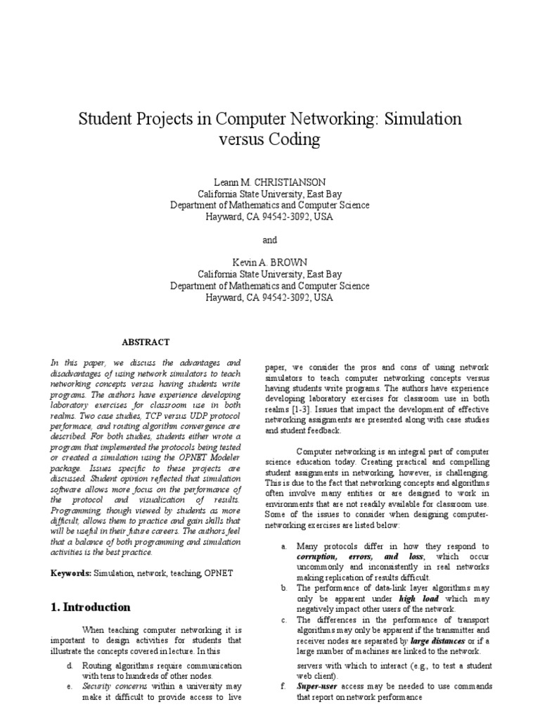 Student Projects in Computer Networking: Simulation Versus Coding | PDF | Routing | Transmission ...