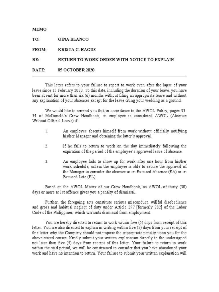 Return to Work Order with Explanation | PDF | Public Law | Common Law