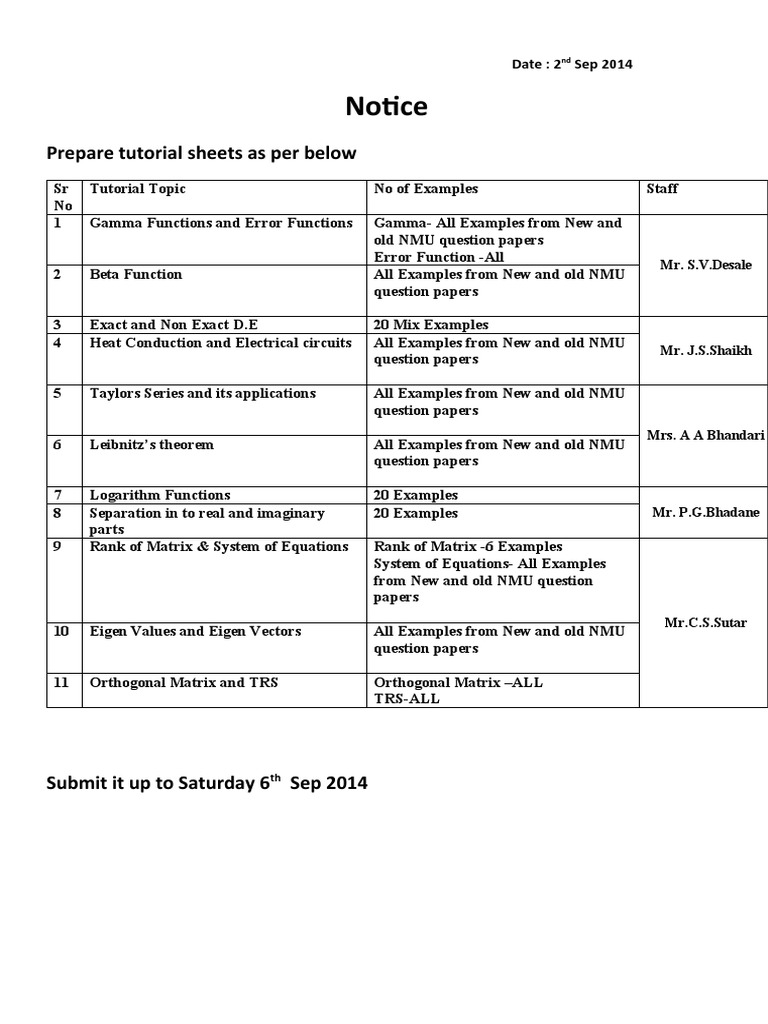 Notice: Prepare Tutorial Sheets As Per Below | Download Free PDF ...