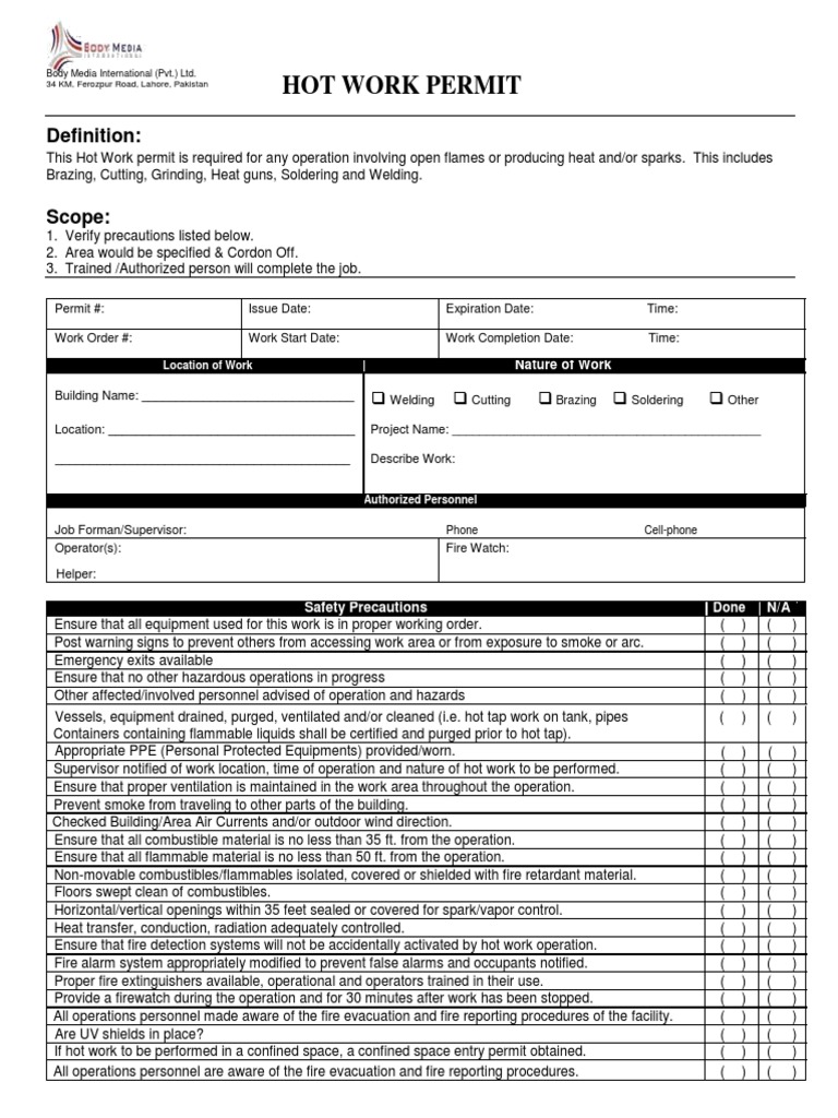 Hot Work Permit PDF | PDF | Fires | Personal Protective Equipment