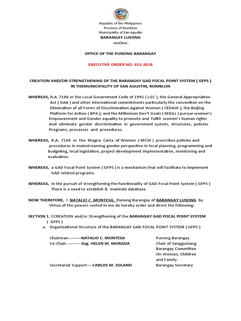 Executive Order Gad Focal Point System | PDF | Gender Mainstreaming ...