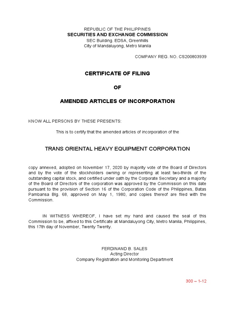 Certificate of Filing OF Amended Articles of Incorporation: Securities ...