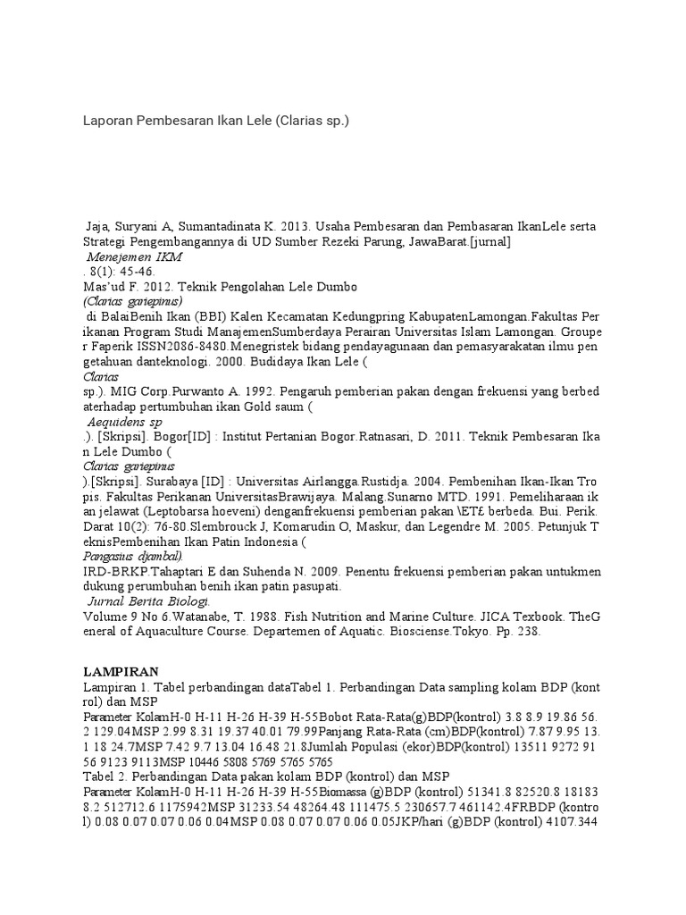 Laporan Pembesaran Ikan Lele (Clarias SP.) : Menejemen IKM | PDF