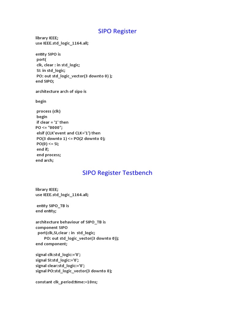 SIPO Register VHDL Code With Testbench | PDF SIPO Register VHDL Code With Testbench | PDF
