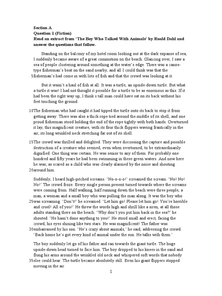 Section A Question 1 (Fiction) Read An Extract From The Boy Who Talked ...