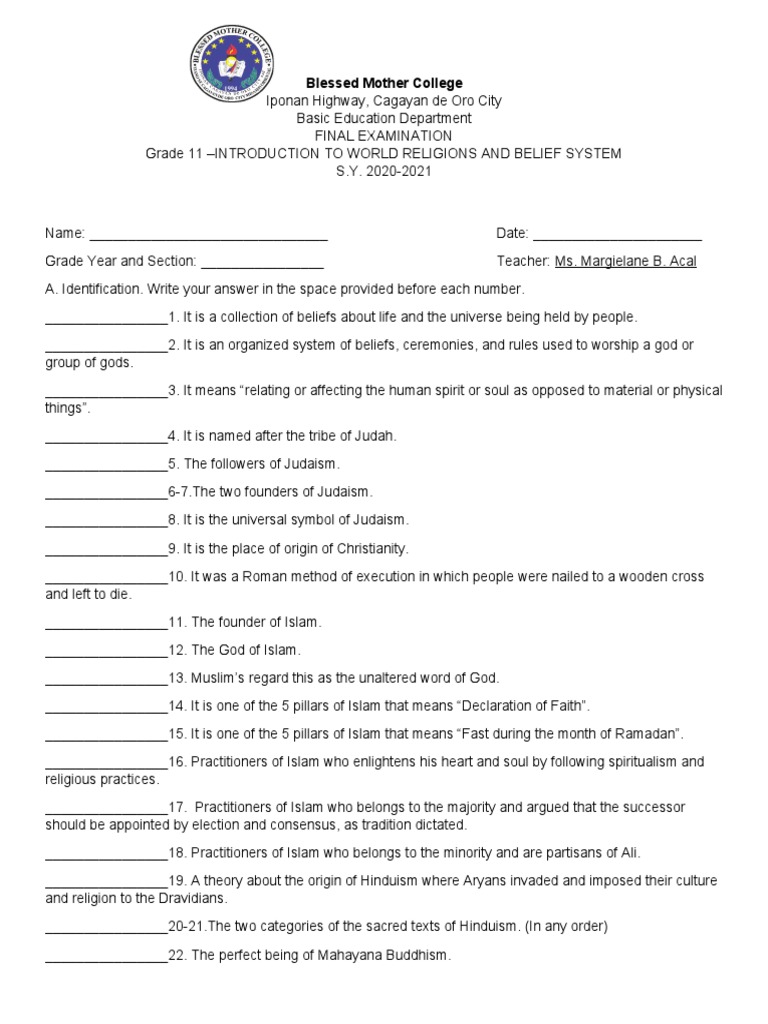 Grade 11 World Religions Exam Guide | PDF | Shinto | Confucianism