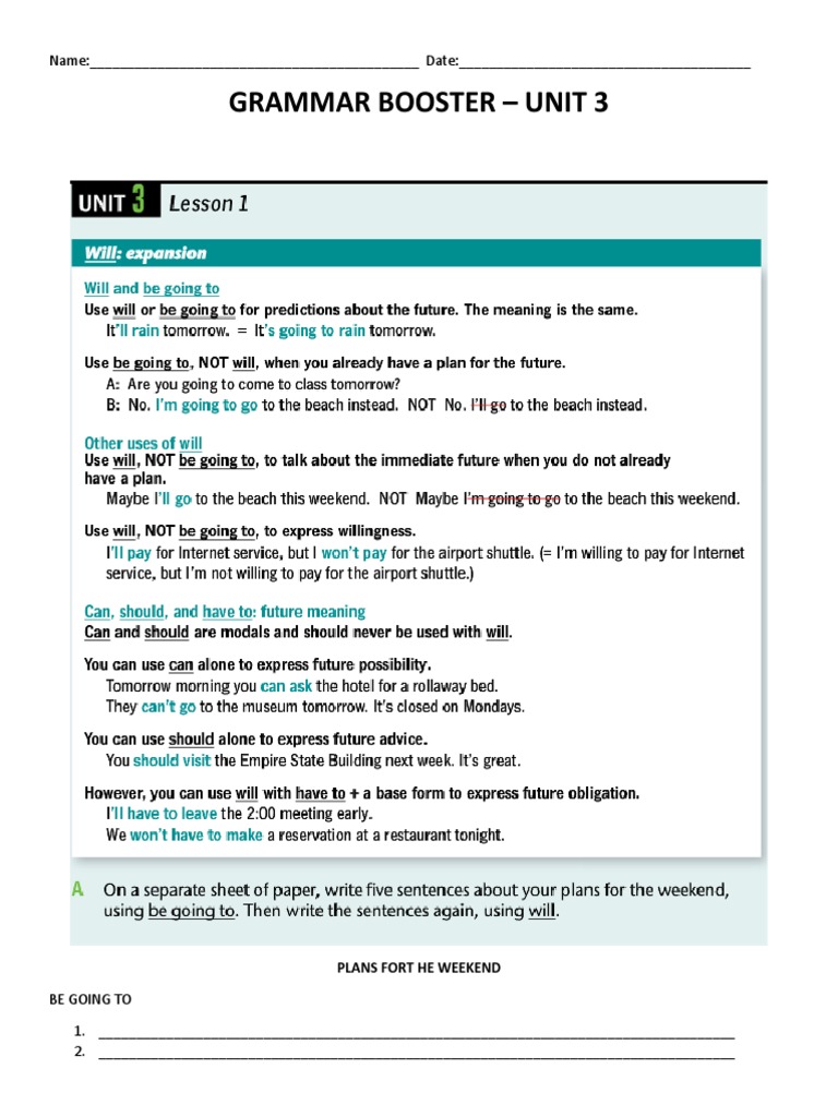 Grammar Booster - Unit 3: Plans Fort He Weekend | PDF
