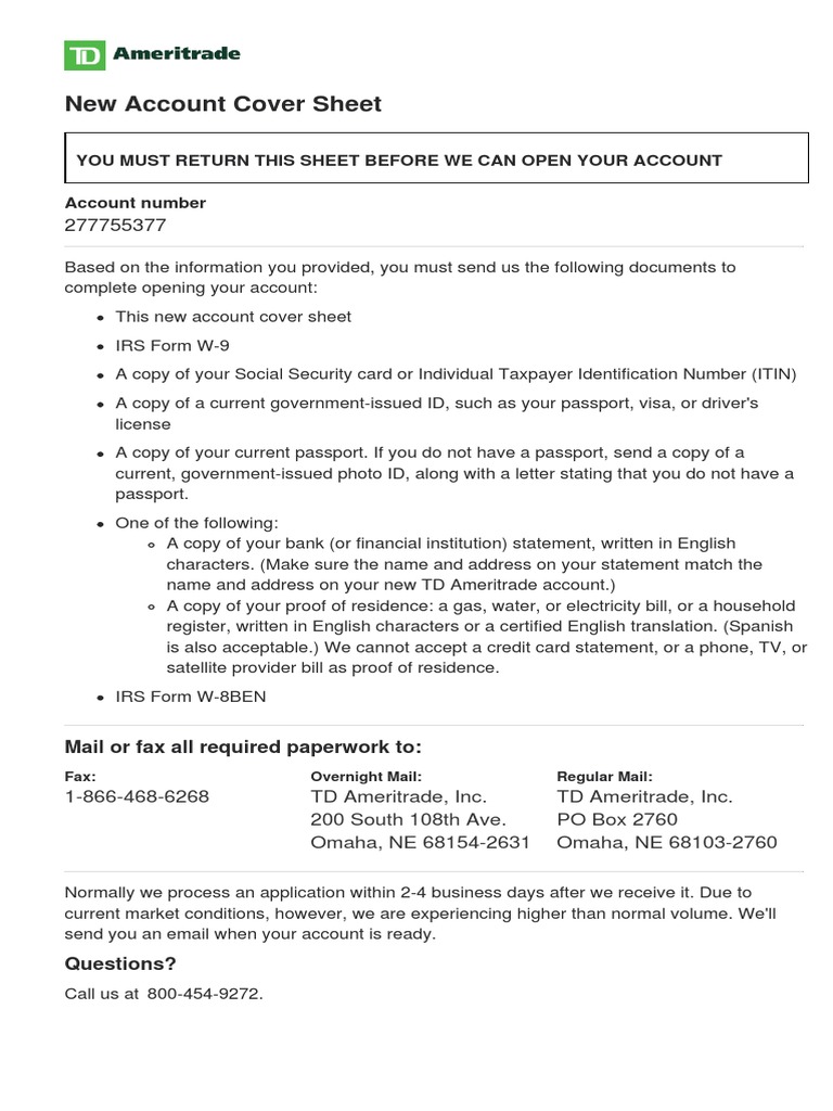 New Account Cover Sheet PDF | PDF