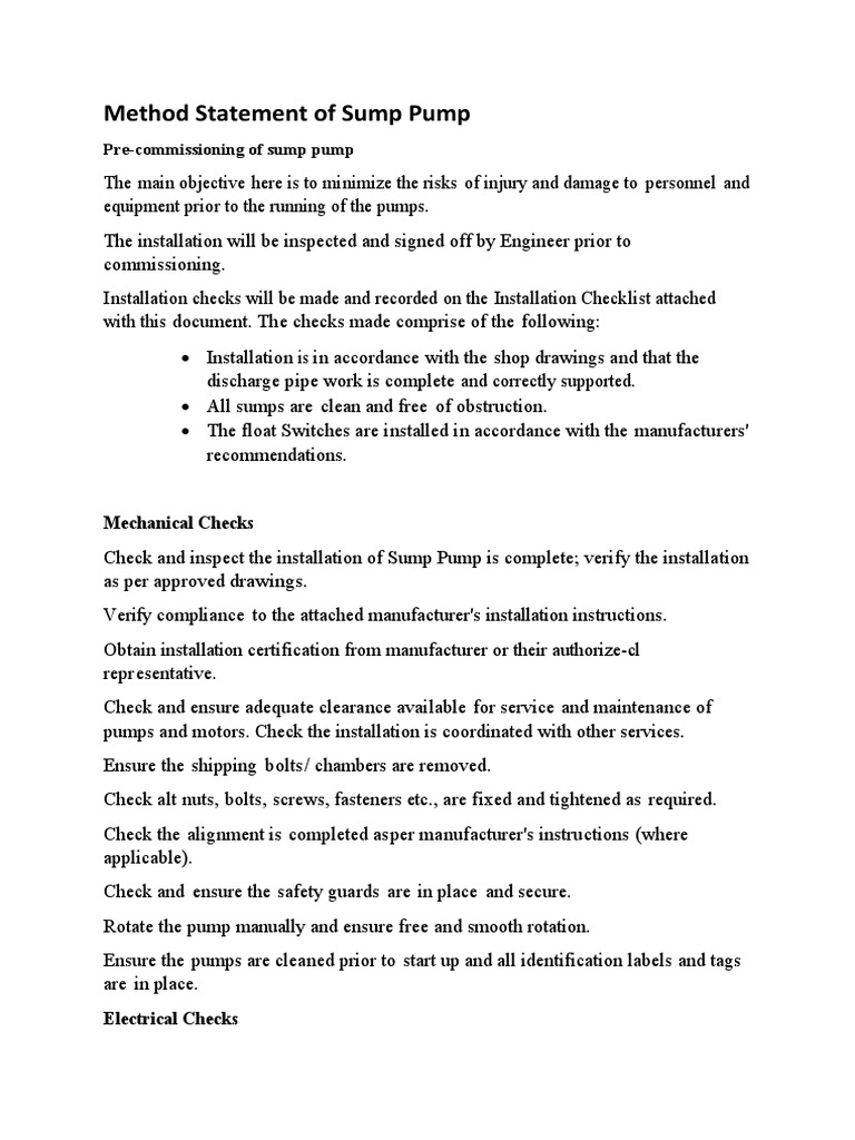 Method Statement of Sump Pump | PDF | Screw | Pump
