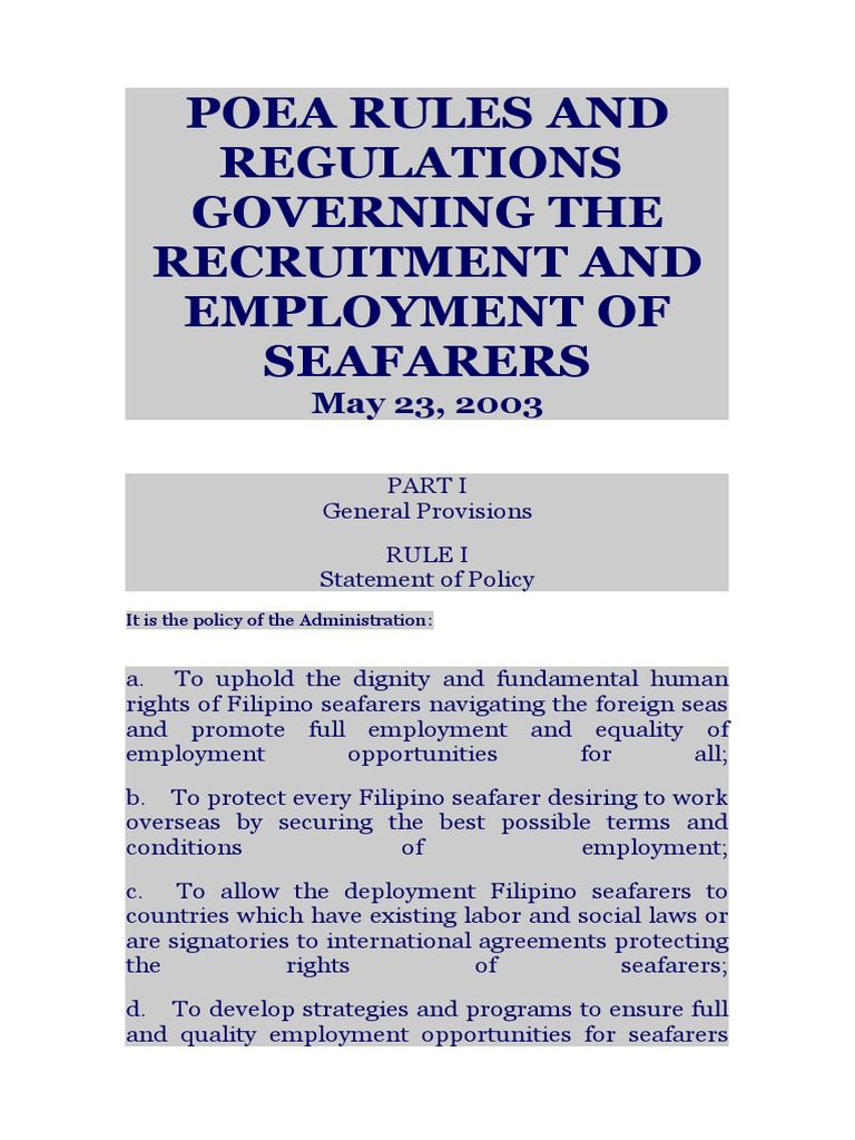Filipino Seafarer Recruitment and Employment: POEA Rules and Regulations Summary | PDF | Surety ...